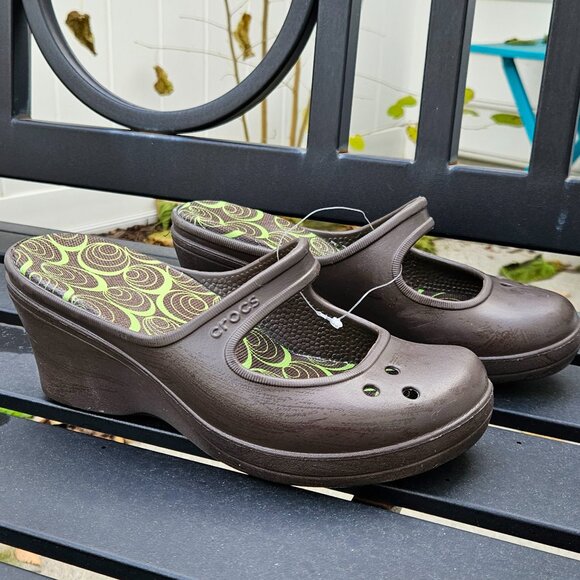 CROCS | Shoes | Womens Crocs Frances Brown Mary Jane Wedge Heel Clogs ...